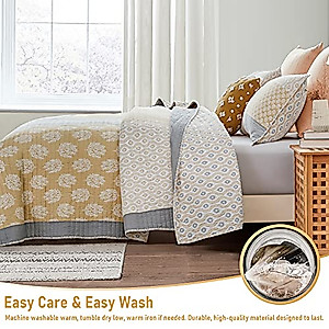 PANGUSHAN Quilt Set Queen Size,100% Cotton Queen Quilt Bedding Set Bedspread,Patchwork Yellow/Gray(Grey) Floral Reversible Quilt Set for Queen Bed,Lightweight Comforter Bed Spread,3 Pieces