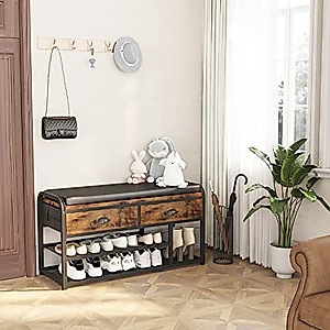 Homeiju 3 Tier Entryway Bench, Shoe Storage Bench with Padded Seating & Drawers, 35.5” Metal Entryway Foyer Hallway Bench, Vintage Brown