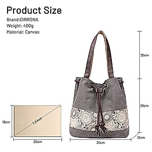 DIRRONA Womens Canvas Handbag Ladies Shoulder Bags Top Handle Bags Drawstring Bucket Bag School Travel Casual Daily Use Gray
