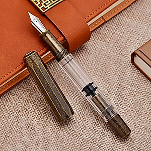 Majohn T1 Piston Fountain Pen Fine, Vintage Brass Transparent Acrylic Large Ink Capacity Writing Gift Box