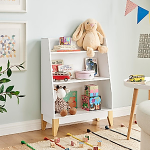 Danya B. Steiner White 3-Tier Kids Book or Toy Figure Display Unit Freestanding Bookshelf with Contrasting Wood-Toned Legs