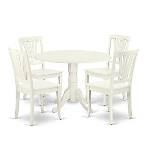 East West Furniture DLAV5-LWH-W 5 Piece Dining Set Includes a Round Dining Room Table with Dropleaf and 4 Wood Seat Chairs, 42x42 Inch, Linen White