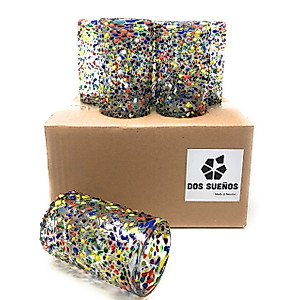 Hand Blown Mexican Drinking Glasses - Set of 6 Confetti Rock Design Glasses (14 oz each)