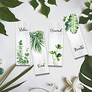 Creoate Bathroom Wall Decor 4 Pieces Relax Soak Unwind Breathe Sign Green Wall Decor with Botanical Leaf Art Print Set, Wood Plaque Hanging Decor for Bathroom Decor, Small 4 x 12 Inch x4pcs