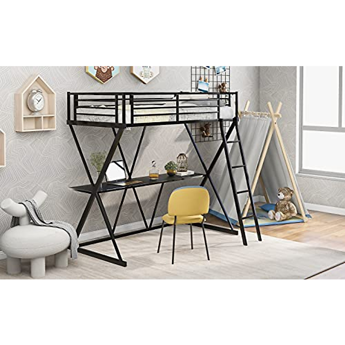 Twin Loft Bed with Desk, Loft Bed with Ladder and Full-Length Guardrails, X-Shaped Frame,Maximum Weight of 220 lb， Black（New）