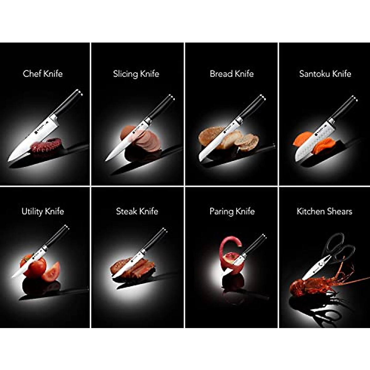 WIZEKA Knife Set, NSF Certified 15pcs Kitchen Knife Set, 1.4116 German Stainless Steel Knife Sets for Kitchen With Block, Full Tang Design&Comfortable Anti-Slip Handle, Black Knight Series