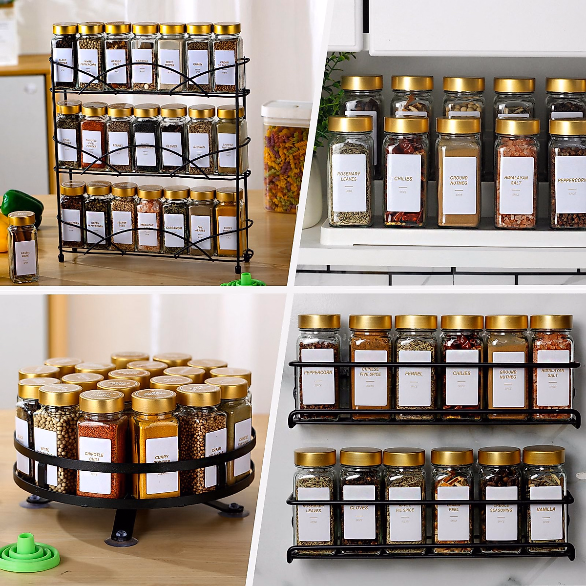 JARXSUN Glass Spice Jars with Label, 24Pcs Spice Jars with Shaker Lids-4 oz Gold Spice Seasoning Jars Bottles Containers Set for Spice Rack (24)