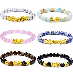 Hicarer 6 Pieces Feng Shui Bracelets Pixiu Wealth Luck Beaded Bracelets Chinese Pi Yao Dragon Charm Elastic Bracelet Amulet Bracelet for Men Women