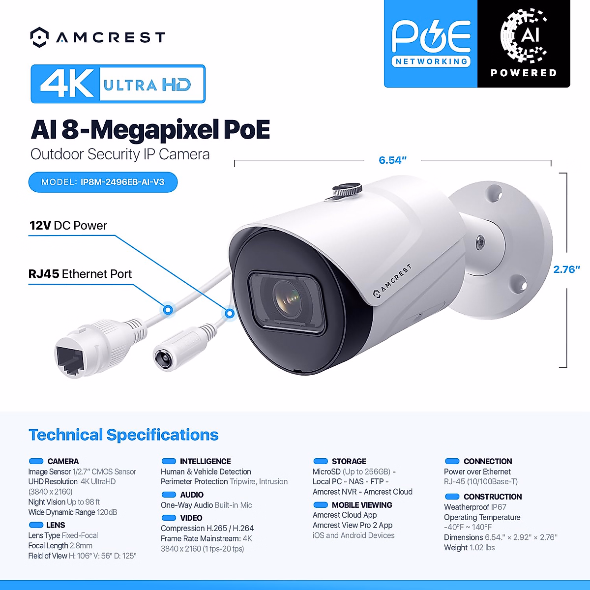 Amcrest UltraHD 4K (8MP) Outdoor Bullet POE IP Camera, 3840x2160, 98ft NightVision, 2.8mm Lens, IP67 Weatherproof, MicroSD Recording, White (IP8M-2496EW-V2)