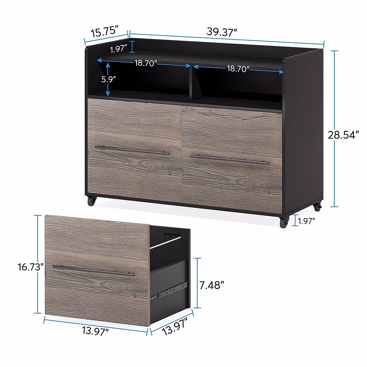 Tribesigns 2 Drawer File Cabinet Rolling Filing Cabinets for Home Office Grey lateral File Cabinet Wood File Cabinet for Letter Size, Printer Stand with Rolling Wheel and Open Storage Shelves