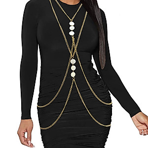 Yomiie Body Chain Layered Sexy Gold Tassels Necklace Fashion White Disc Jewelry Belly Waist Bra Hot Bikini Beach Harness Birthday Anniversary Festival Gift for Women Lady Girls