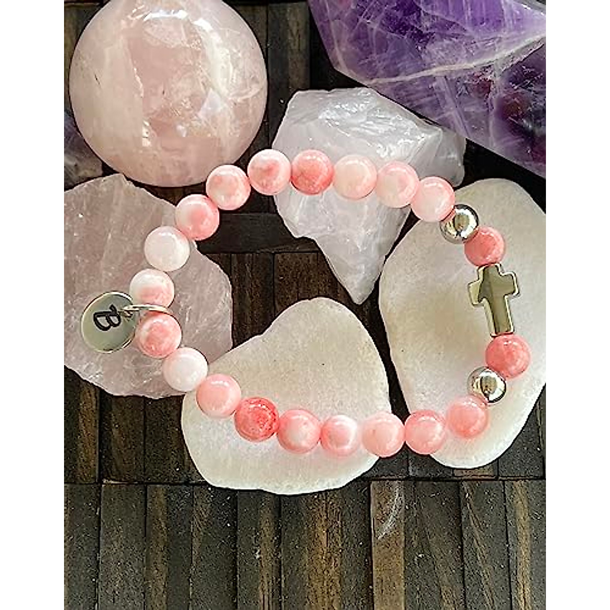 Women's Cross Bracelet with Initial Charm, Pink White Jade Semi Precious Stones (7, Pink White Jade)