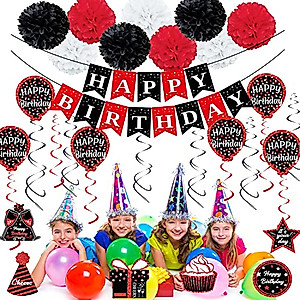 Birthday Decorations Red Black, Happy Birthday Party Decorations for Men Women Boys Girls (48pack), Happy Birthday Banner Gifts, Double-Sided Pattern Card, 9 Pompoms, Hanging Swirl Bday Decor Supplies