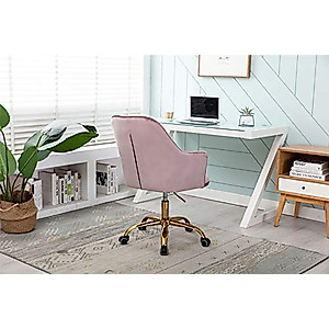 Velvet Swivel Shell Chair on Wheels,Modern Leisure Arm Chair with 360 Degrees and Adjustable Lift Heigh,Accent Home Office Chair with Golden Metal Base for Living Room,Study (Light Pink + Metal)