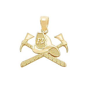 AMZ Jewelry 10K Yellow Gold Firemen's Hat And Axes Pendant Firefighter Charm