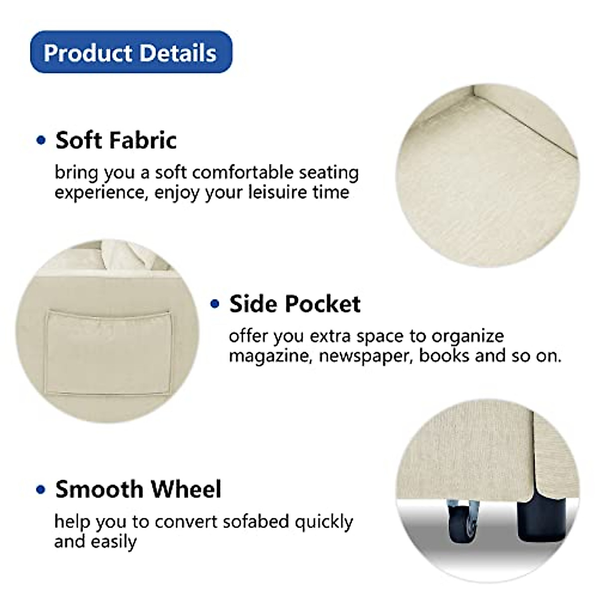 Polibi 54.5'' Modern Convertible Sleeper Sofa Bed with Two Arm Pockets, Velvet Sofa w/Pull-Out Bed Loveseat Sofa Couch and Adjsutable Back for Living Room (Beige)