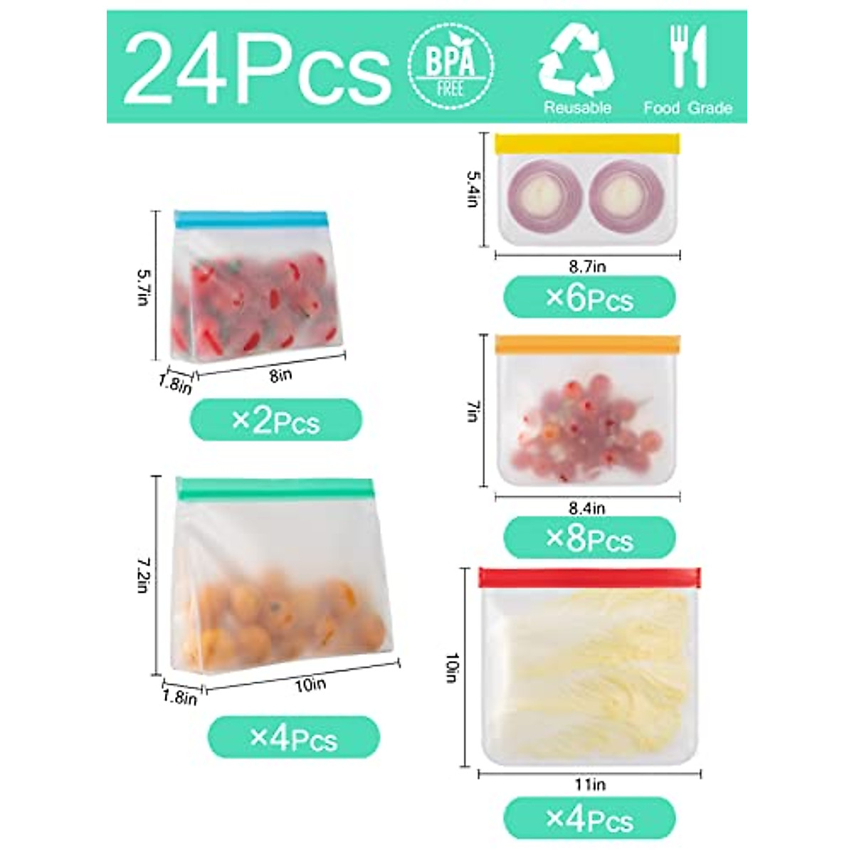ANPHSIN 24 Pack Reusable Food Storage Bags- Stand Up & Flat Ziplock Bags BPA Free Freezer Bags, 10 Leakproof Sandwich Bags, 8 Food Grade Gallon Bags, 6 Resealable Snack Bags for Meat Veggies Fruit