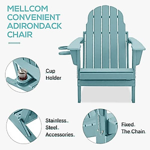 MELLCOM Folding Adirondack Chair with Cup Holder, All-Weather HDPE Fire Pit Chairs, 5 Steps Easy Installation, Widely Used in Patio, Pool Side, Deck, Backyard, Garden, Aruba Blue…