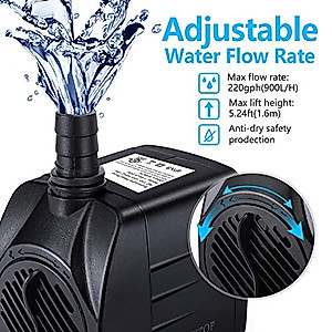 CWKJ Fountain Pump, 2 Packs 220GPH(15W 900L/H) Submersible Water Pump, Durable Outdoor Fountain Water Pump with 7.2ft（2.2m） Power Cord, 3 Nozzles for Aquarium, Pond, Fish Tank, Water Fountain Pump