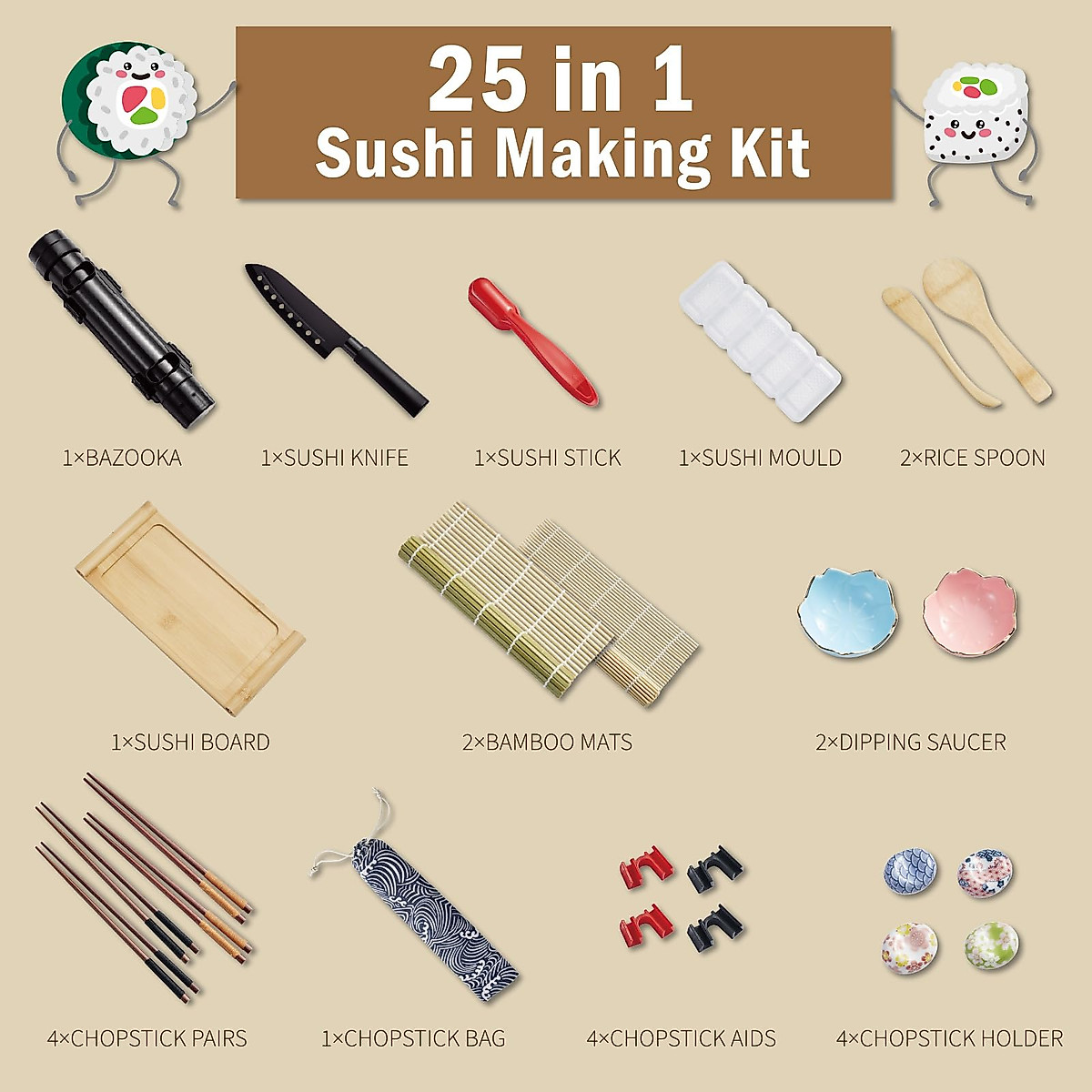 YDGFUHM Deluxe Sushi Making Kit 25-in-1 Bazooka Roller Set, Bamboo Mat,Knife,Sauce Tray,Japanese Sashimi Sushi Bamboo Serving Geta Plate,and More - Perfect for Beginners