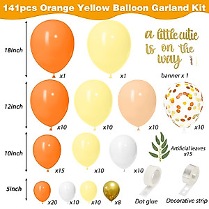 RUBFAC 141pcs Little Cutie Balloon Garland Kit Orange Yellow White Confetti Latex Balloons for Baby Shower Tangerine Theme Birthday Party Decorations