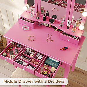 Tiptiper Vanity Desk with Tri-Fold Mirror and Lights, Makeup Vanity with Wood Upholstered Stool, Vanity Table with 5 Drawers & 8 Jewelry Hooks, Small Vanity, Pink