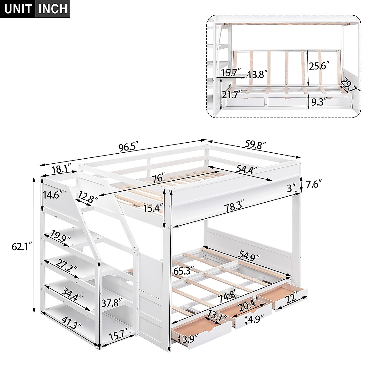Harper & Bright Designs Full Over Full/Futon Bunk Beds with Stairs and 3 Drawers, Built-in Shelf, Bottom Bed can be Converted into Daybed, Solid Wood Bunk Bed Frame (White)