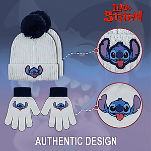 Disney Lilo and Stitch Kids Beanie Hat and Glove Set for Girls – Blue Stitch Hat for Girls Ages 5-13