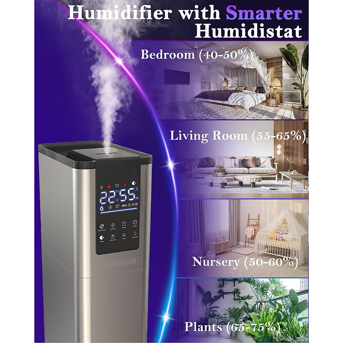 YOKEKON Cool and Warm Mist Humidifier Large Room, 3.4Gal Whole House Humidifiers for Home Bedroom1000 sq ft, Top Fill, 3 Mist Modes, 12H Timer, Aroma Box, Baby Yoga Plants, Silver