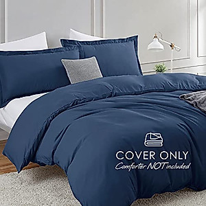 Hearth & Harbor Navy Blue Duvet Cover Queen Size - 3 Piece Queen Duvet Cover Set, Soft Double Brushed Queen Size Duvet Covers with Button Closure, 1 Duvet Cover 90x90 inches and 2 Pillow Shams