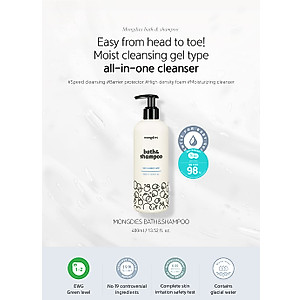 Mongdies Baby Bath&Shampoo-Moisturizing & Hydrating solutions for sensitive and delicate skin, Excellent grade in German Derma Test, All ingredients of EWG Green Level, Natural Fragrance -400ml