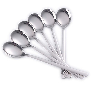 Soup spoons, Korean stainless steel round long spoon (6, Stainless Steel)