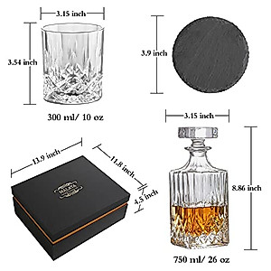 Whiskey Decanter and Glasses Set Crystal Bourbon Decanter Set with 4 Whiskey Glasses for Liquor Scotch Rum Vodka Gifts for Men Dad Husband Birthday Anniversary Plus 4 Free Coasters