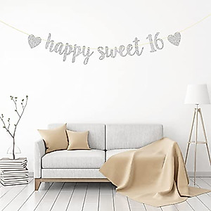Dill-Dall Silver Glitter Happy Sweet 16 Banner, Cheer to16 Years Sweet Sixteen Decoration 16th Birthday Party Decorations