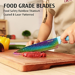 hecef 14 Pieces Knife Set with Block, Rainbow Titanium Knives Set with Laser Pattern, Martensitic Stainless Steel Chef Knife Set with Sharpener, Steak Knife, Scissors, Mothers Day Gift(Blue)