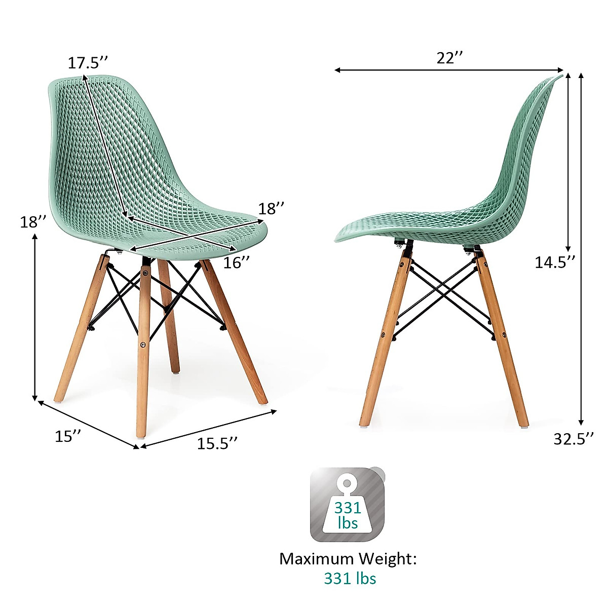 KOTEK Set of 4 Dining Chairs, DSW Molded Shell Plastic Side Chairs with Mesh Design, Solid Wood Legs, Mid-Century Modern Armless Side Chairs for Kitchen, Dining Room, Living Room (Green)