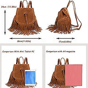 Womens Bucket Bag Drawstring Faux Suede Tassel Crossbody Shoulder Backpack (Black)