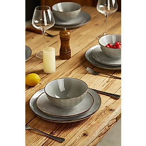 Famiware Dinnerware Sets for 4, Ocean Round 12-Piece Kitchen Plates and Bowls Sets, Reactive Glaze, Microwave and Dishwasher Safe, Scratch Resistant, Grey