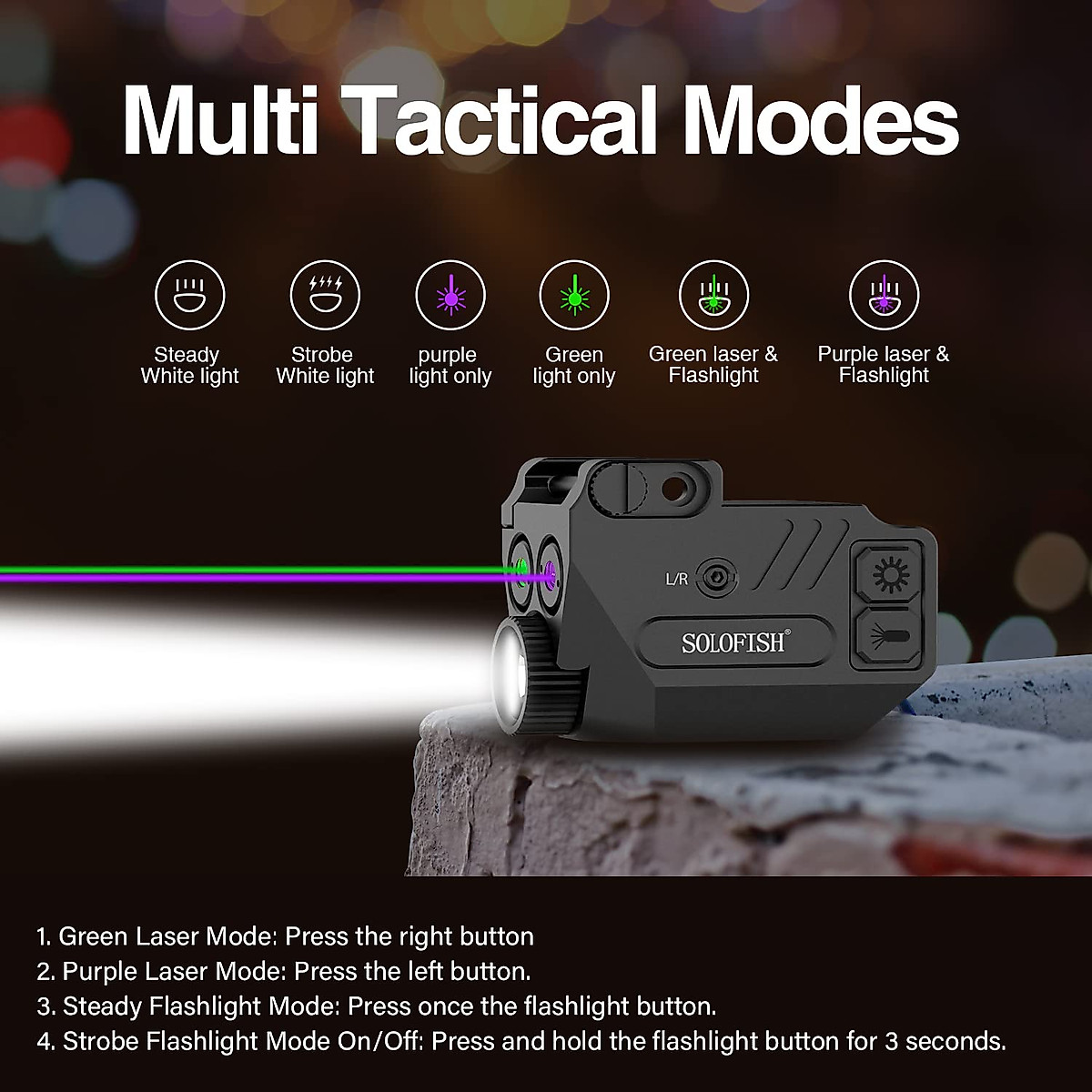 SOLOFISH 500 Lumens Pistol Light with Purple Green Laser Sight and Strobe Tactical Flashlight Combo, Rechargeable Weapon Light and Beams for Guns/Handguns W/a Rail