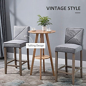 HOMCOM Modern Bar Stools Set of 2, Upholstered Bar Height Kitchen Stools with Build-in Footrest, Solid Wood Legs, Gray
