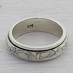 NOVICA Artisan Handmade Sterling Silver Meditation Spinner Ring Artisan Crafted from India No Stone Band [band Width 5 mm W] ' Spinning Vines'