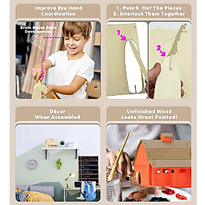 Puzzled 3D Puzzle Farm Barn Set Wood Craft Construction Model Kit, Fun & Educational DIY Wooden Toy Assemble Model Unfinished Crafting Hobby Puzzle to Build and Paint for Decoration 21 Pieces Pack