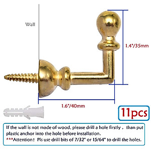 Heavy Duty Decorative Coat Hook Curtain Holdbacks Curtain Tiebacks Great for Wall Mounted Hook Rack(Gold, 11Set)