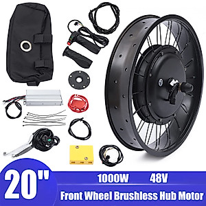 RIAHNEAH E-Bicycle Conversion Kit, 48V 1000W 20" Front Wheel Electric Bicycle Conversion Kit, Electric Bicycle Brushless Gearless Hub Motor Kit 48km/h High Speed Motor Wheel Kit