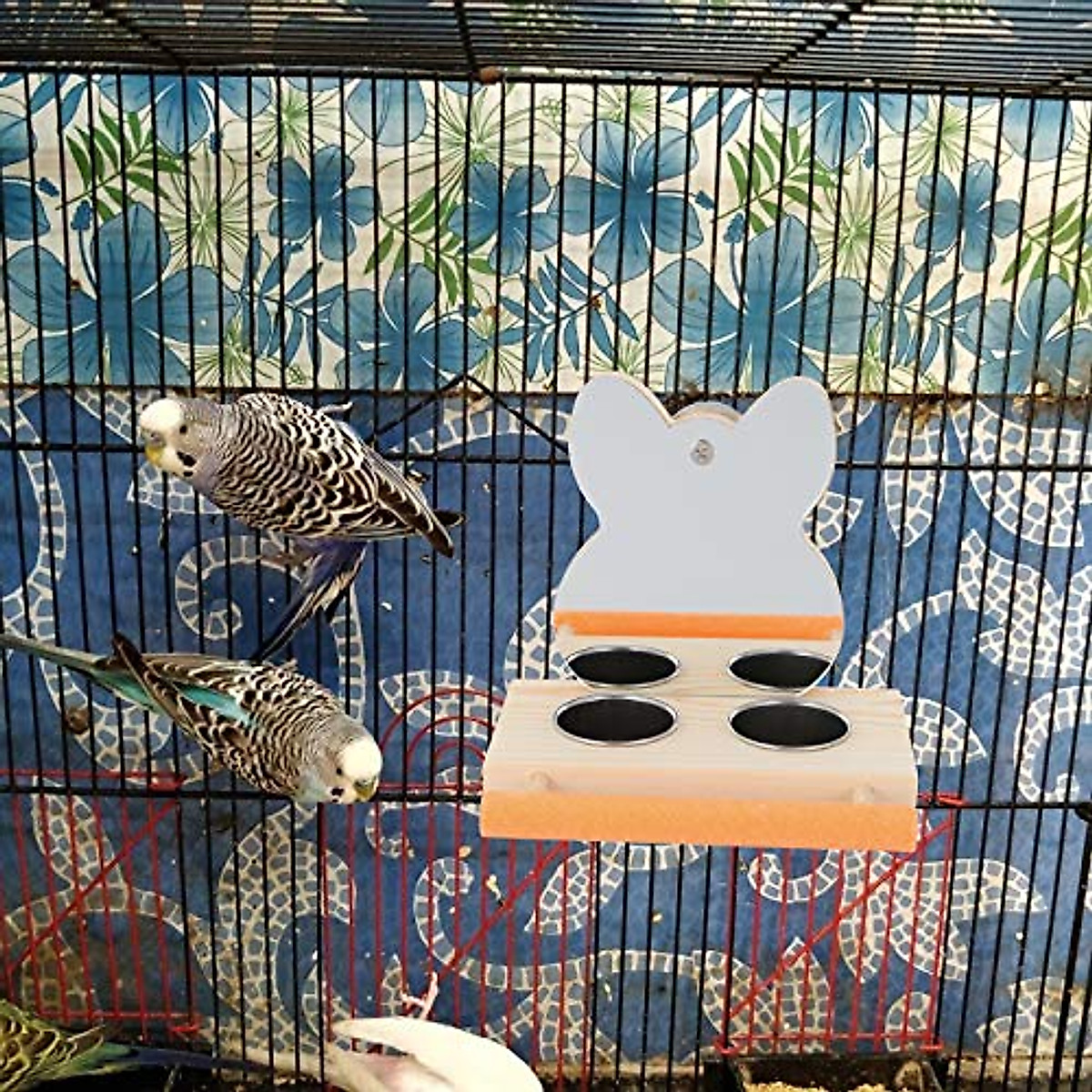 Parrot Mirror with Water Food Bowl Wood Holder Cage Accessory Feeding Bowl Parakeet Toys