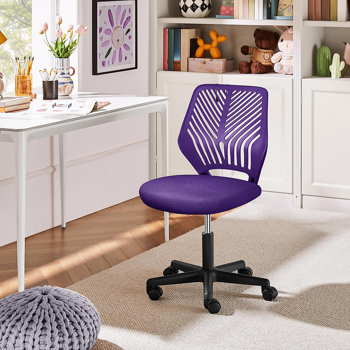 Yaheetech Students Cute Desk Chair Low-Back Armless Study Chair w/Lumbar Support Adjustable Swivel Chair in Home Bedroom School, Purple