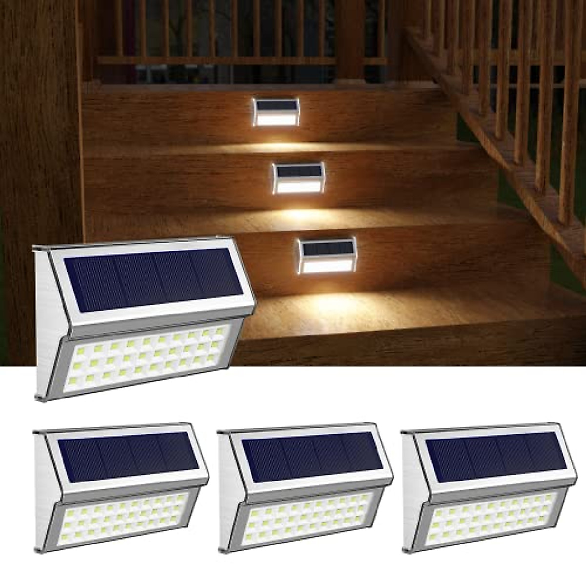 ROSHWEY Solar Step Lights Outdoor 4 Pack 30 LED Stainless Steel Outside Solar Lights Waterproof Fence Lights for Garden Patio Pathway Walkway, Cool White Light