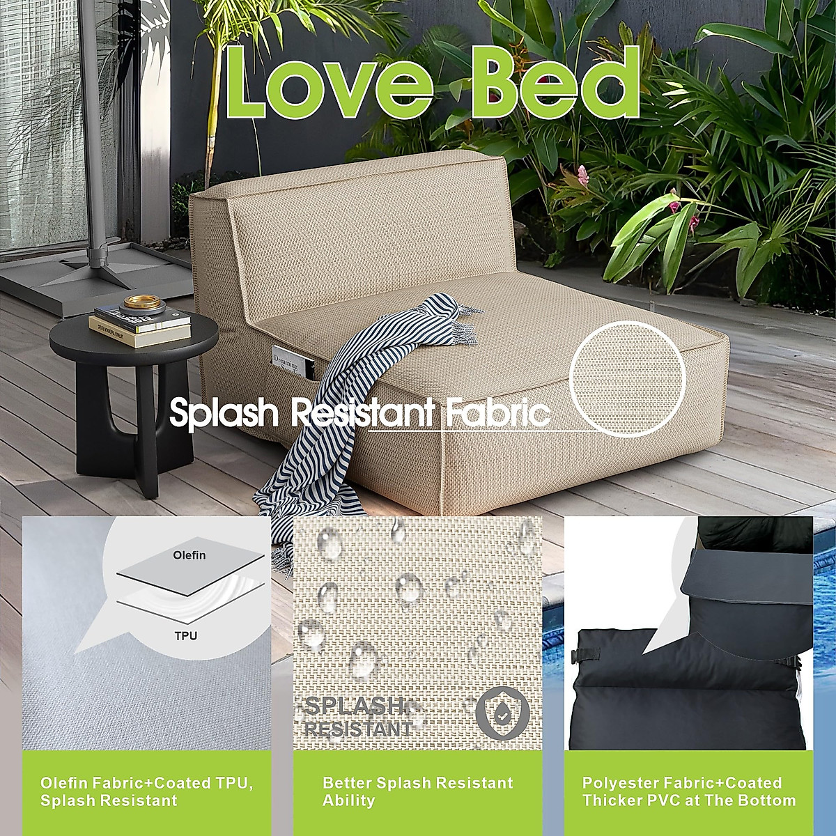 Patio Furniture Bean Bag 2 Person Chaise Lounge Chair Outdoor Middle Chair Reclining Chair Garden Pool Lounge Chairs Sunbathing Recliners Beach Lounge Chair Sunbed (light beige, 2 person lounge chair)