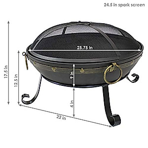 Sunnydaze 25-Inch Diameter Victorian Steel Outdoor Wood Burning Fire Bowl with Handles and Spark Screen - Outside Metal Backyard Bonfire Patio Fire Pit