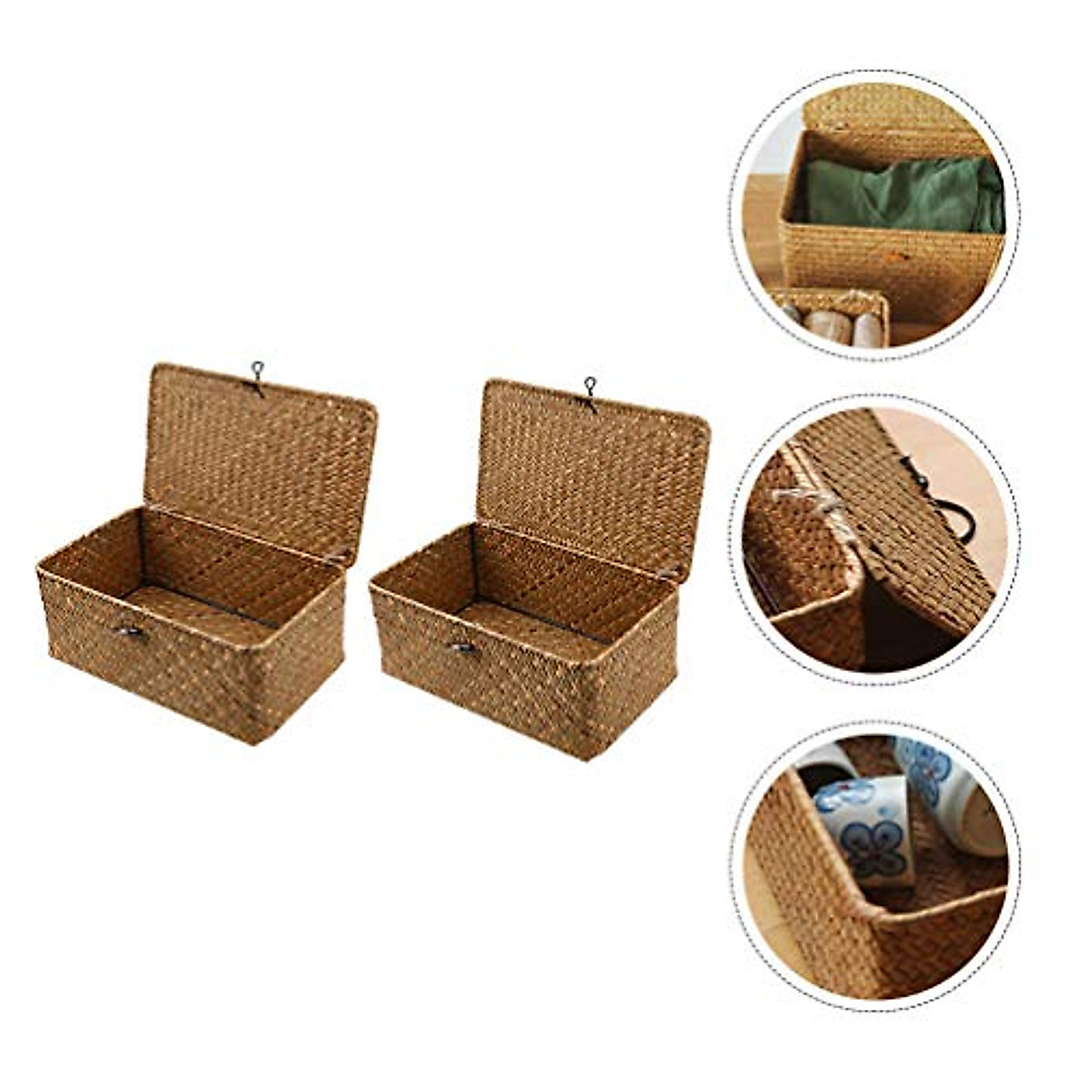 DOITOOL 2pcs Straw Storage Baskets with Lid Seagrass Seaweed Woven Storage Box Laundry Hampers Desktop Sundry Organizer for Clothes Washing Sorting Picnic 26X16x10CM